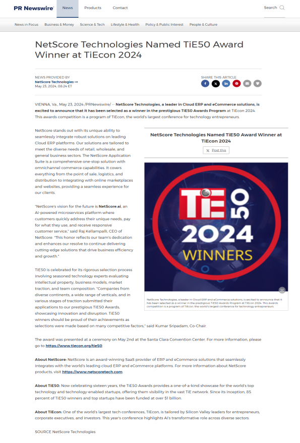 NetScore Technologies Named TiE50 Award Winner at TiEcon 2024 - NetScore Technologies